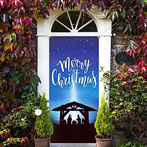 Christmas Door Decoration Merry Christmas Jesus Door Cover Holy Night Christ Born Photography Background Xmas Baptism Front Door Banner Shepherd Santa Mary Starry Backdrop Party Supplies
