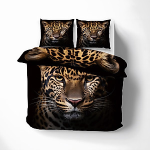 FJWXCBD Leopard Duvet Cover Queen Size, Cheetah Pattern Bedding Set 3 Piece for Bedroom Decor, Wildlife Duvet Cover & 2 Pillow Shams, with Zipper & Ties, Super Soft Microfiber