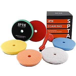 SPTA Polishing Pads, 5Pc 6 Inch 150mm Orbital Buffer Polisher Pads and 1Pc Microfiber Buffing Pads, Foam Polish Pad for Compounding, Polishing and Waxing, for 6''/150mm Backing Plate Car Polisher