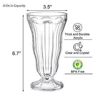 Mezchi 6 Pack Acrylic Milkshake Glasses, 15 OZ Clear Old Fashioned Soda Glass, Shatterproof Footed Ice Cream Cups, Plastic Pina Colada Fountain Glasses, Great for Juice, Tropical Drinks, Party