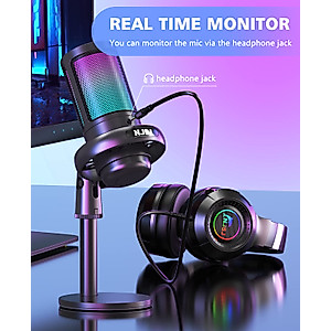 NJSJ USB Microphone for PC, Gaming Mic for PS4/ PS5/ Mac/Phone,Condenser Microphone with Touch Mute, RGB Lighting,Gain knob & Monitoring Jack for Streaming,Podcasting (with Desktop Stand, Black)
