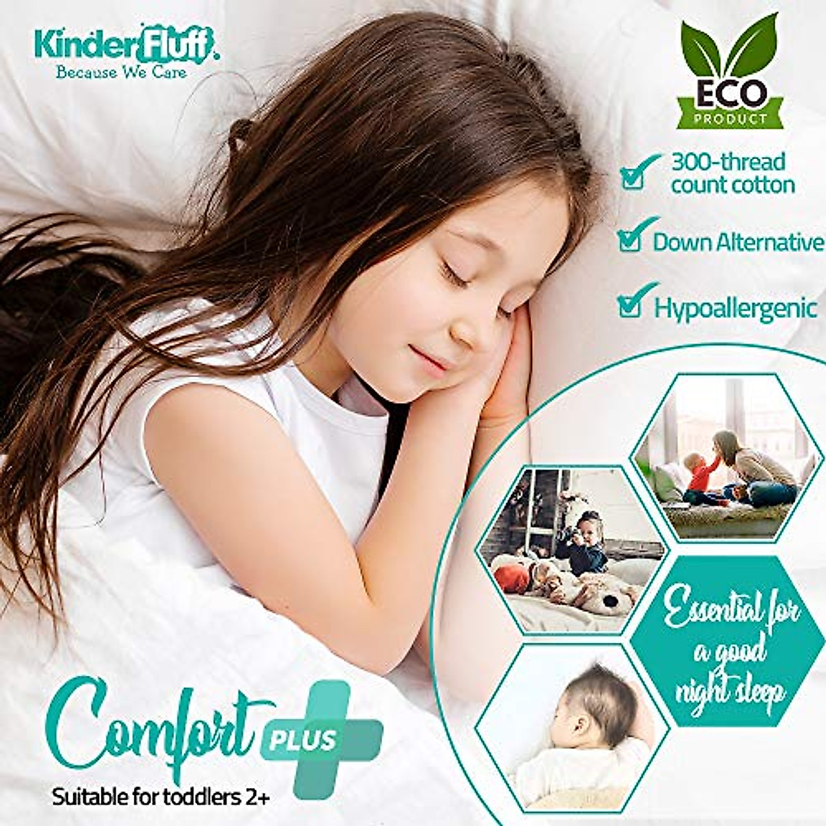 kinder Fluff Toddler Pillow (2X)-The Only Baby Pillow with 300T Cotton & Down Alternative Fill for Baby Crib & Toddler Bed- Neck Pillow for Kids as Nursery Floor Pillow- Toddler Pillows for Sleeping