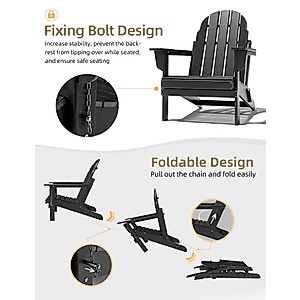 Folding Adirondack Chair - Durable HDPE Poly Lumber All-Weather Resistant, Foldable Oversized Balcony Porch Patio Outdoor Chair for Lawn, Backyard, Deck, Garden, Camping - Easy Installation, Black