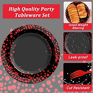 50 Guests Red and Black Birthday Party Supplies Set Red Dot on Black Disposable Plates Napkins Red and Black Tableware Set Party Papaer Dinnerware for Birthday Graduation Wedding Decorations 200Pcs
