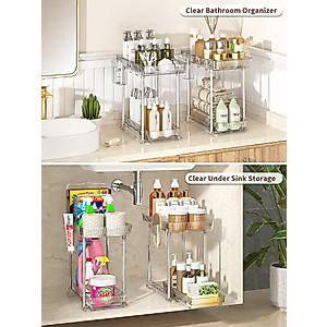 2 Tier Bathroom Cabinet Under Sink Organizers and Storage Clear, Multi-Purpose Kitchen Pantry Organization and Storage, Pull Out Medicine Cabinet Organizer Storage with Movable Dividers & Cups, 2 Set