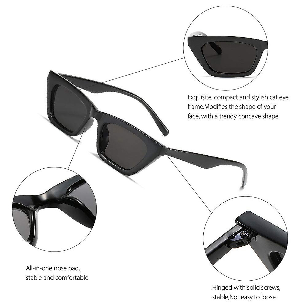 BOJOD Small Square Cat Eye sunglasses for women trendy retro skinny cool 90s sunglasses Black