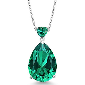 Gem Stone King 925 Sterling Silver Pear Shape Green Nano Emerald Pendant Necklace For Women (9.72 Cttw, with 18 Inch Silver Chain)