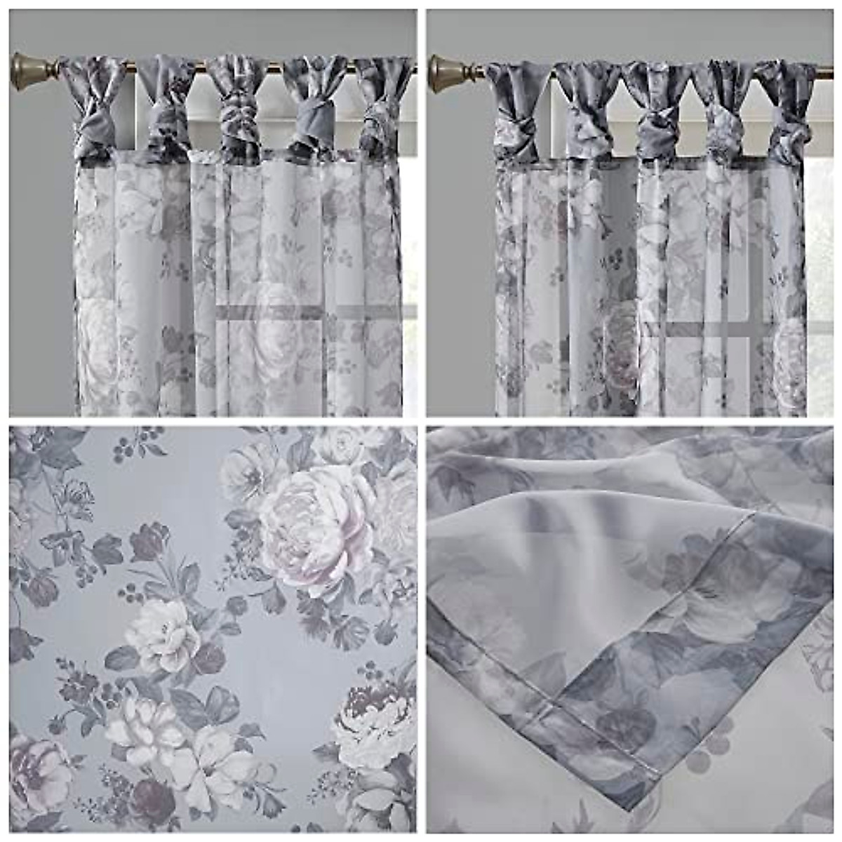 Madison Park Simone Floral Design Sheer Single Window Curtain Voile Privacy Drape for Bedroom, Livingroom, 50" x 84", Grey (MP40-6614)