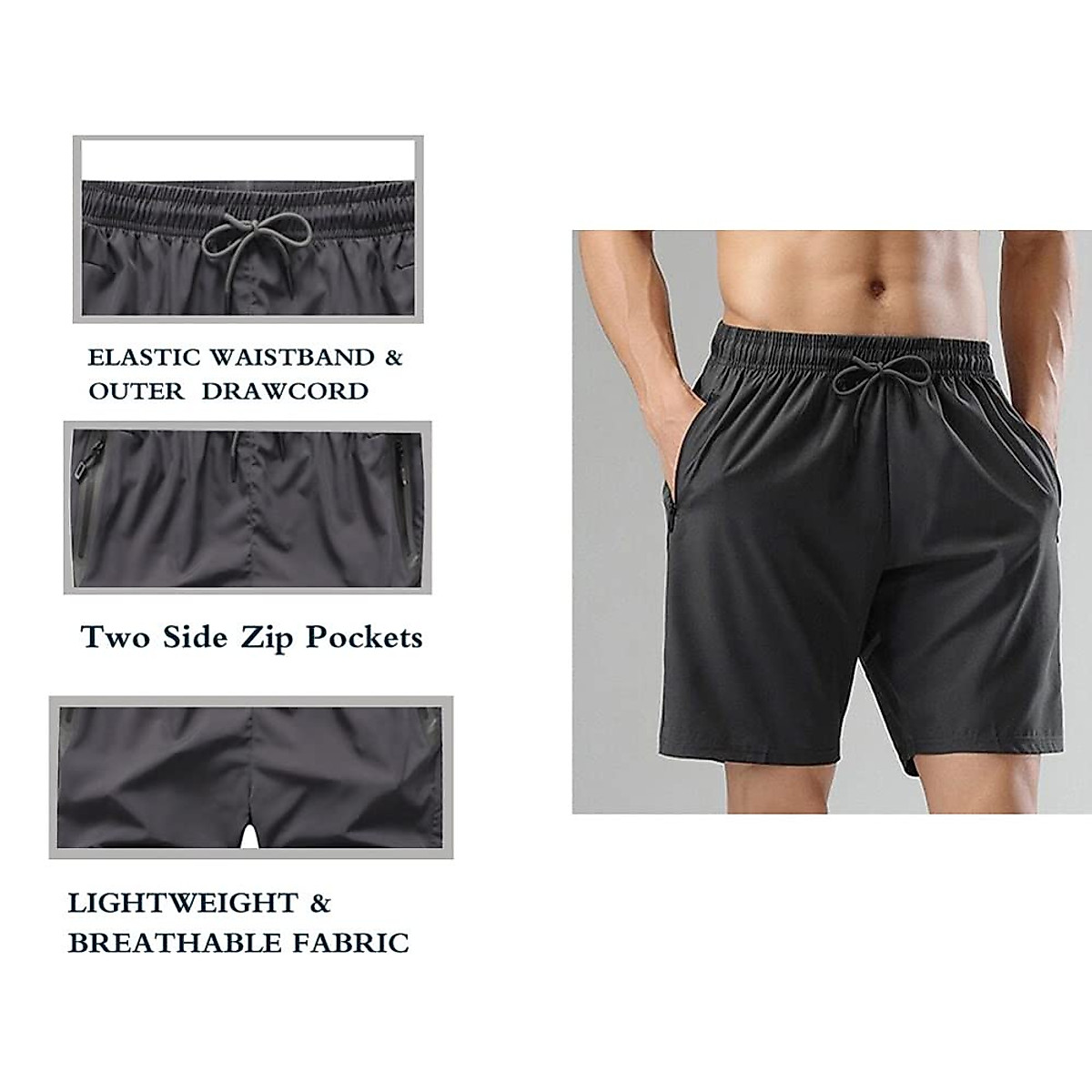 XiaoLongRen Boys Outdoor Running Shorts Quick Dry Lightweight Gym Shorts with Zipper Pockets(07022BK-14)