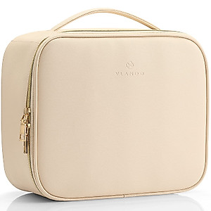 Vlando Makeup Bag,Gifts for Women Travel Makeup Bag Organizer Leather Make up Storage Bag for Women Adjustable Dividers Make up Brushes Case for Valentine's Day Birthday-white