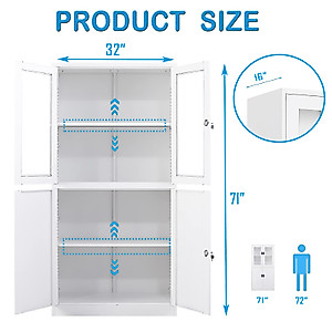 Letaya Storage Cabinet with Doors and Shelves,71" Steel Locker Acrylic Glass Door with Lock, for School Home Office