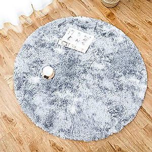 OMERAI Round Rug 5ft Shaggy Soft Round Area Rug for Bedroom, Grey Cricle Rug and Fluffy Carpets for Living Room, Non-Slip Home Decor,5'X5' Grey Round Fur Rug