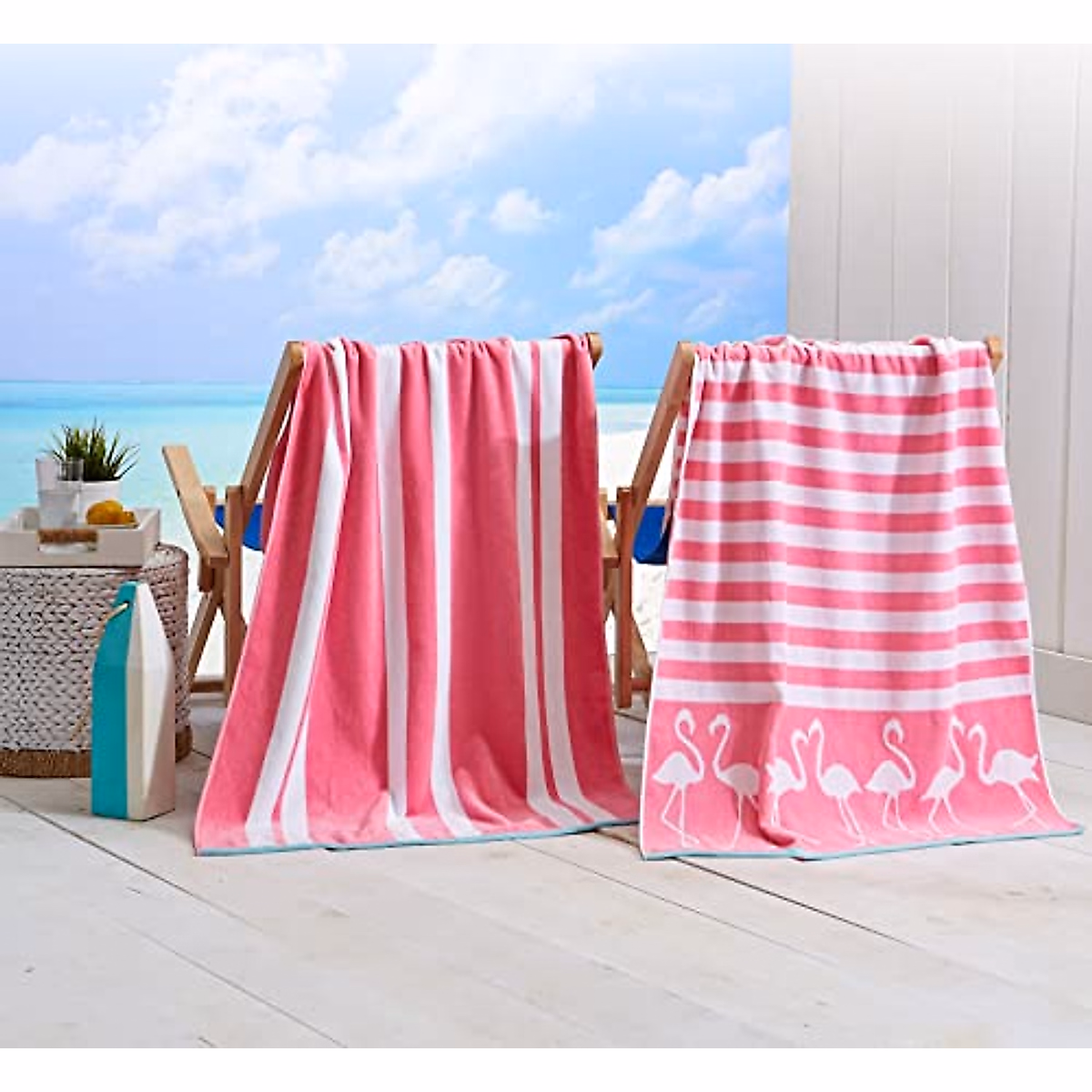 Great Bay Home Large Beach Towel Set of 2 - Striped Flamingo Pink Beach Towels for Adults and Velour Pool Towels 100% Cotton - Lightweight Quick Dry Beach Towel Pack - Beach Towel for Travel
