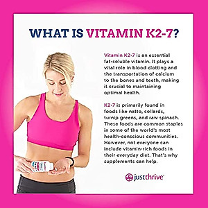 Just Thrive: Vitamin K2-7 - Bone and Heart Health Supplement with Magnesium, Zinc and Menaquinone-7-30-Day Supply - 320 mcg with Ultra Absorption - Support Teeth, Circulation, Brain and Nerve Health