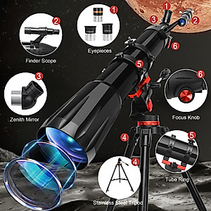Telescope,Telescope for Adults High Powered, 90mm Aperture 900mm Professional Refractor Telescopes for Kids & Beginners, Magnification 450X,for Planet Observation with Stainless Tripod & Phone Adapter