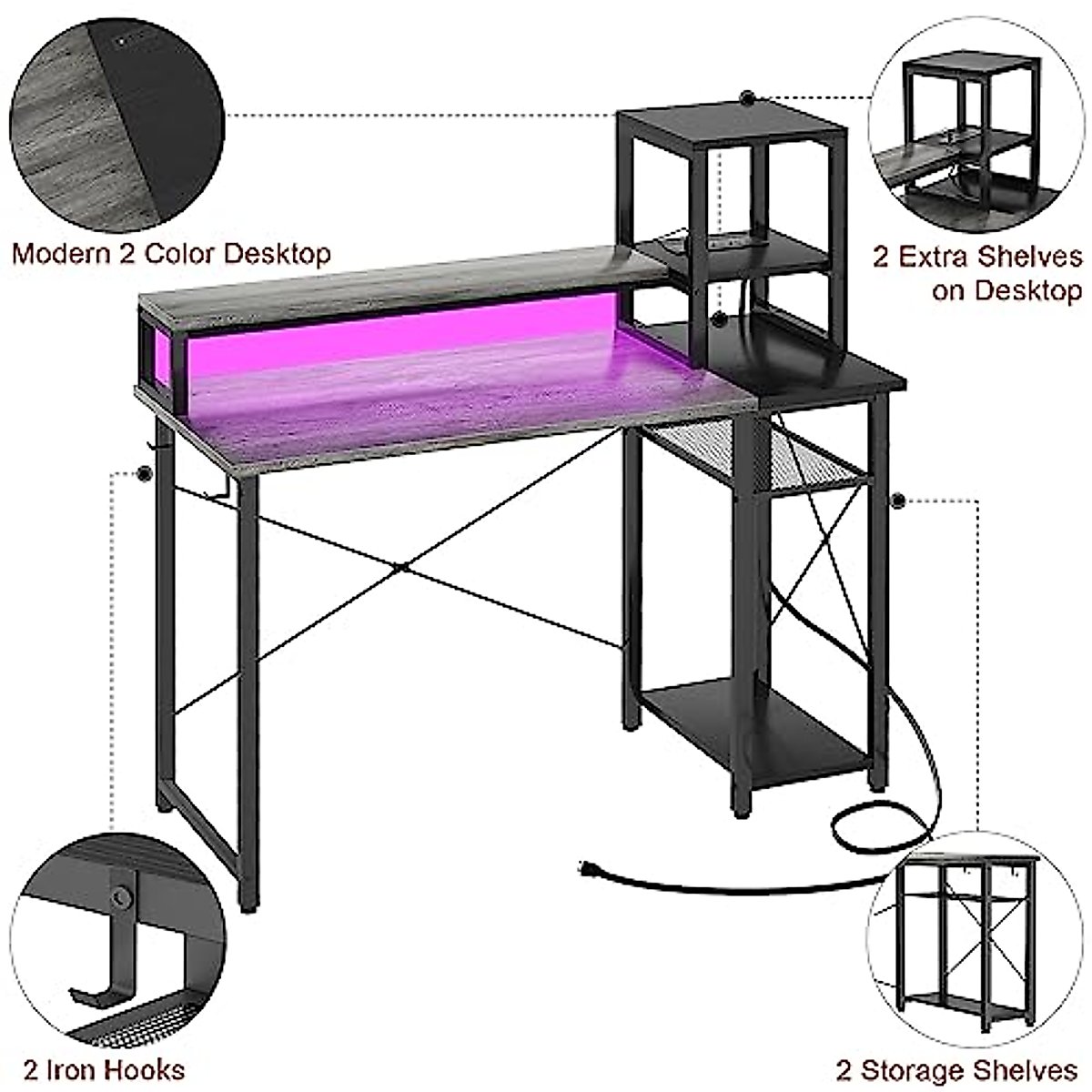 armocity 2023 Upgrade Gaming Desk with LED Lights, Small Computer Desk with Long Monitor Stand, 40'' Reversible Laptop Table with Storage Shelves, Small Desk for Small Spaces, Gaming Room, Grey
