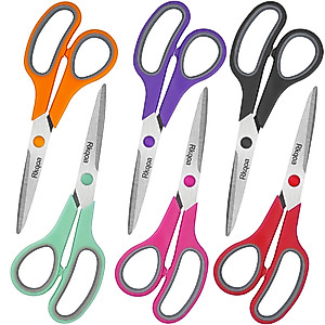 Scissors, Rkqoa 8" Scissors All Purpose 6 Pack - Comfort-Grip Sharp Scissors for Office School Sewing Fabric Craft Desk Supplies, Classroom Must have, Teacher/Class Scissors, Right/Left Handles