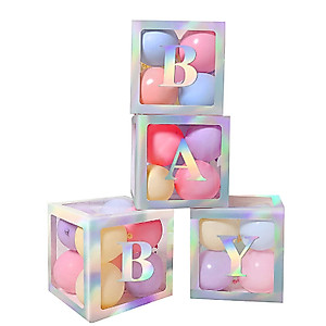 Termichy Baby Shower Boxes Party Decorations, 4 PCS Baby Shower Blocks Transparent with Letter for Girls Boys Birthday Neutral Gender Reveal Party, Silver