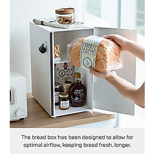 YAMAZAKI Home Tosca Bread Box Keeper Holder Container, Metal Bread Holder Saver, Slim Space Saving Counter Storage - Vertical - Steel + Wood,White