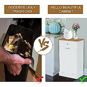 Kinsuite Tilt Out Trash Bin - White Wooden Trash Cabinet, Free Standing Kitchen Trash Can, Holder & Recycling Cabinet with Hideaway Drawer, Removable Bamboo Cutting Board