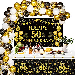 DARUNAXY 50th Wedding Anniversary Decorations, Large Happy 50th Anniversary Banner 70 x 43inch, 50PCS Black Gold Confetti Balloons, 2PCS Tablecloths for Cheer to 50 Year Party Supplies for Men Women