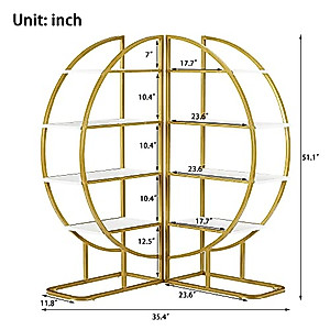 4-Tier Round Circle Bookcase, L Shaped Bookshelf, Modern Storage Shelf, Gold Metal Frame, Adjustable Foot Pads, White