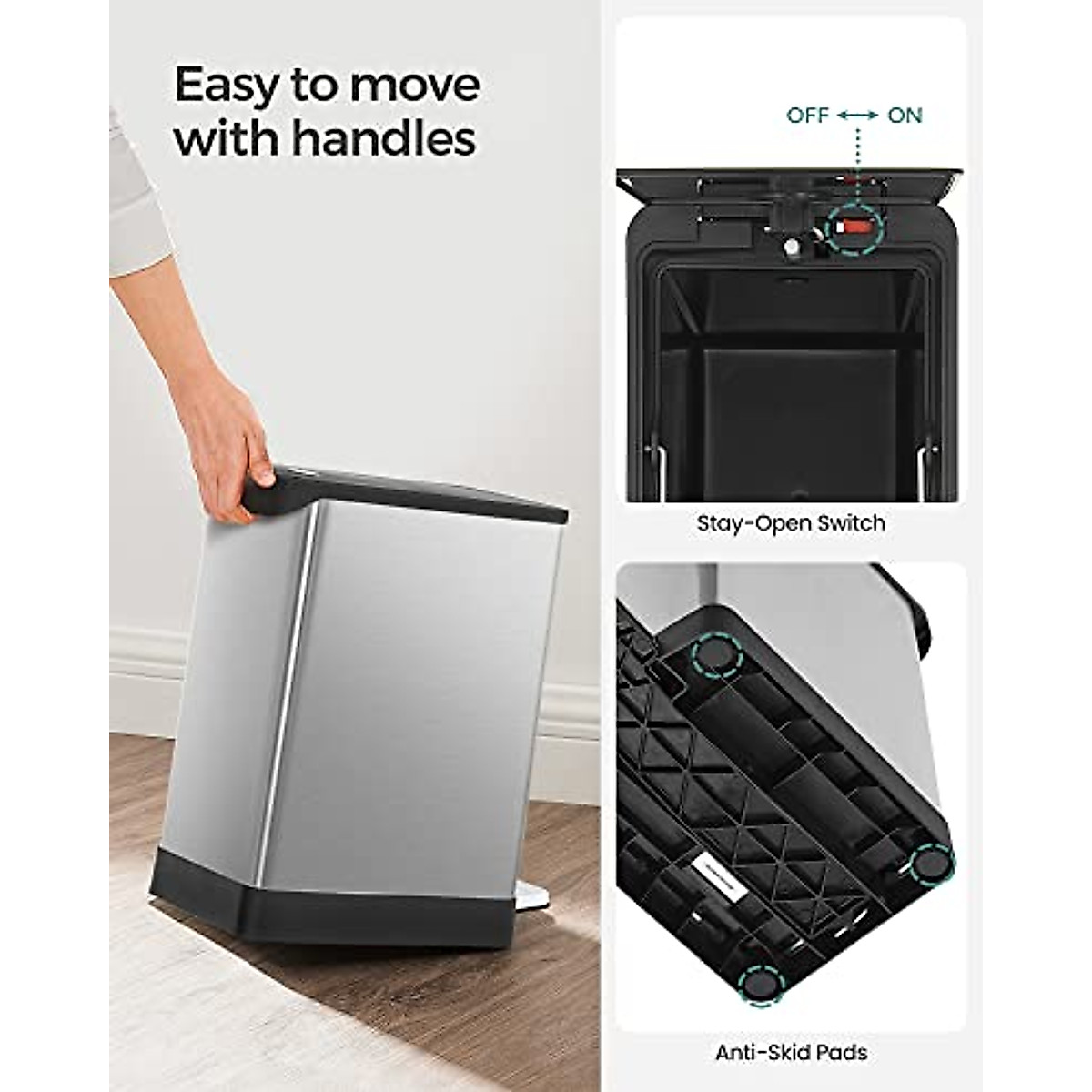 SONGMICS Bathroom Trash Can, 1.5 Gallon (5.7L) Garbage Can with 15 Trash Bags, Stainless Steel Step Bin, Removable Inner Bucket with a Metal Handle, Soft Closure, Silver and Black ULTB105E01