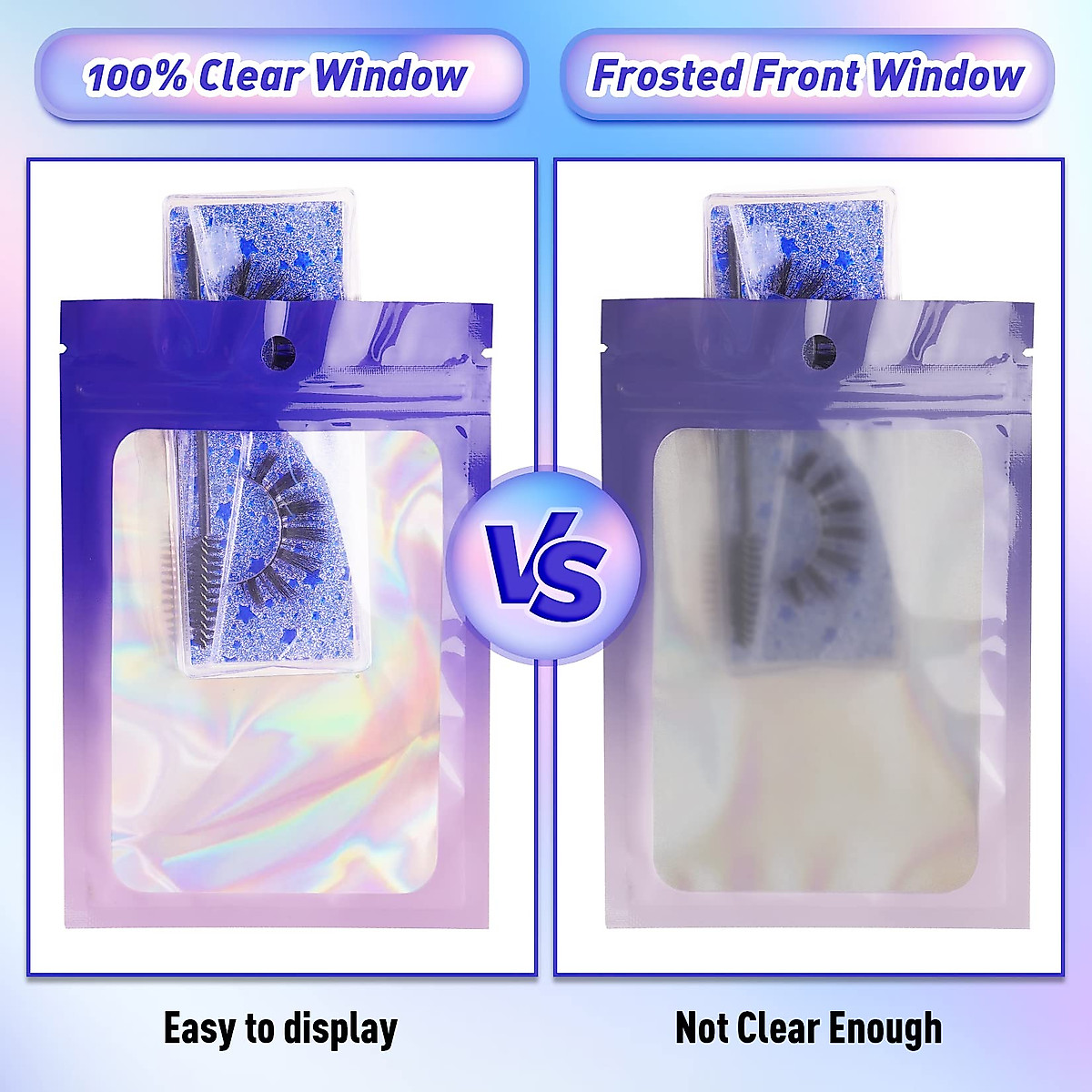 Funfery 100 Pack Gradient Holographic Bags,Mylar Resealable Bags with Zipper,Clear Window Packaging Pouch,Smell Proof Plastic Bags for Food Storage,Sample Jewelry Baggies(2.7×3.9in,Purple Pink)