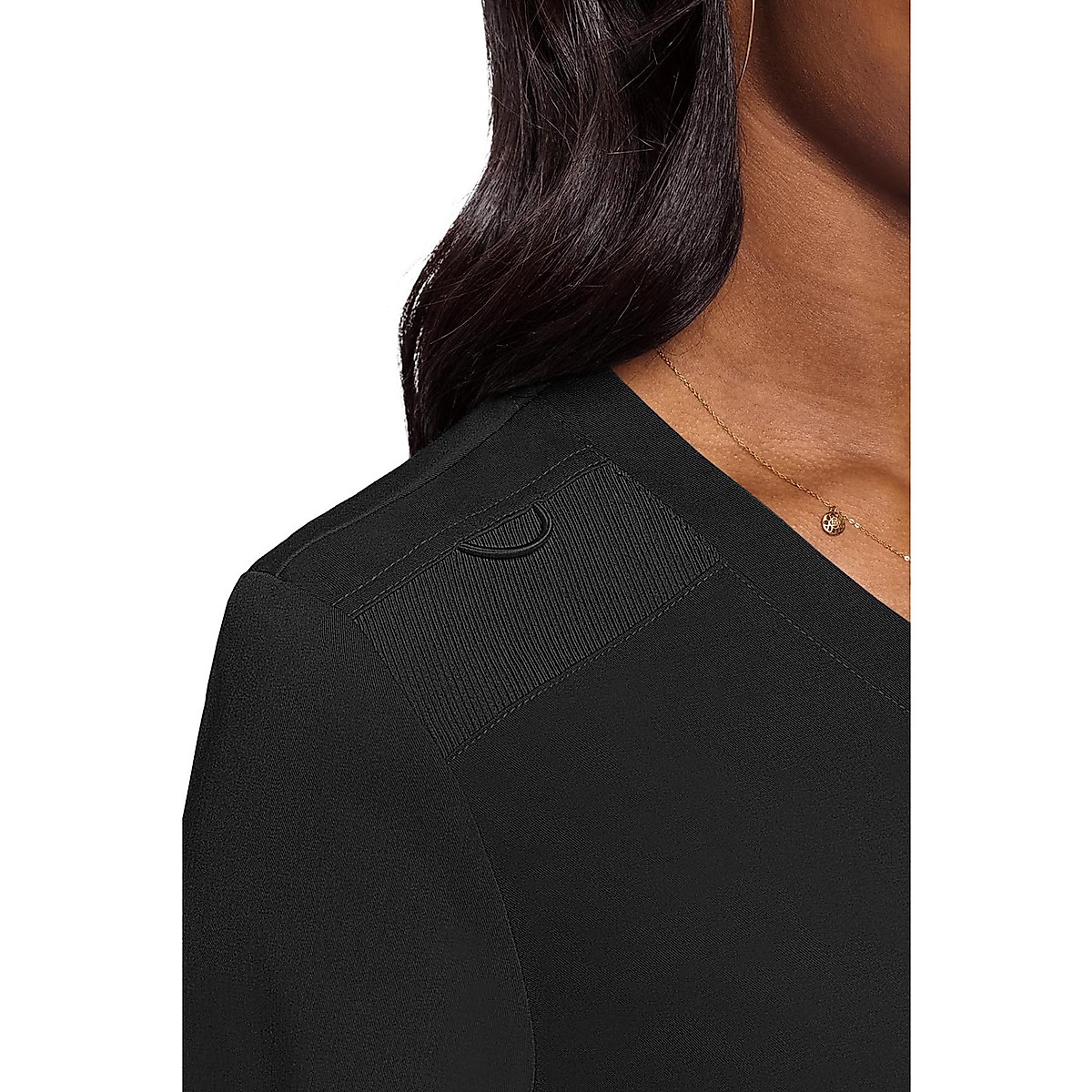 Med Couture Women's V-Neck Scrub Top, Modern Fit Tuck-in Top with Stretchy Rib-Knit Shoulders and Chest Pocket - MC7448, Black, Small