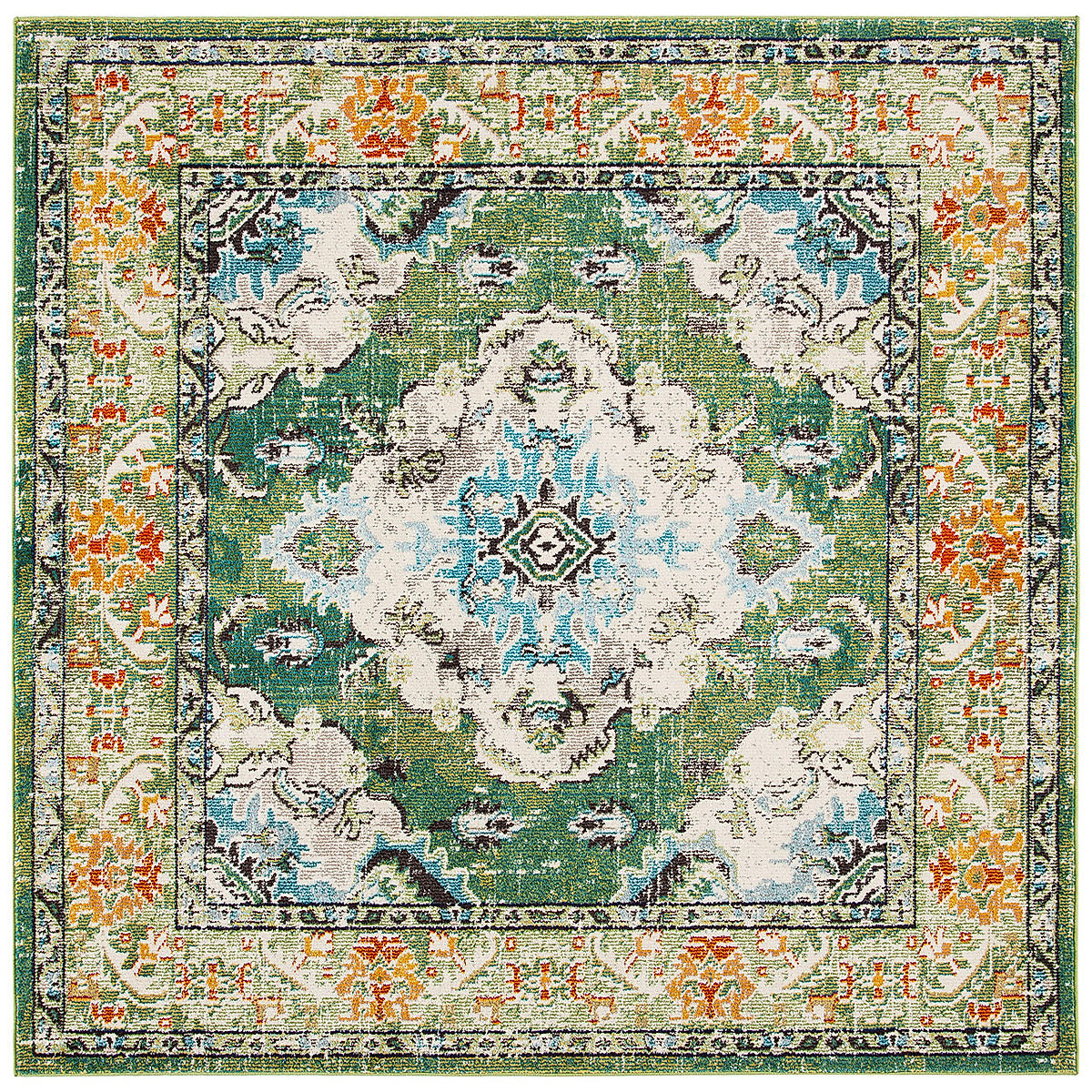 SAFAVIEH Monaco Collection Area Rug - 11' Square, Forest Green & Light Blue, Medallion Distressed Design, Non-Shedding & Easy Care, Ideal for High Traffic Areas in Living Room, Bedroom (MNC243F)