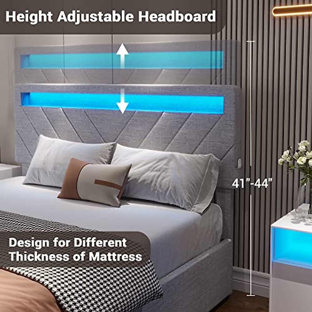 ADORNEVE LED Full Size Bed Frame with Storage Drawers, Upholstered Platform Bed Frame Full with LED Lights and Charging Station, Sturdy Wooden Slats Support, No Box Spring Needed, Light Grey