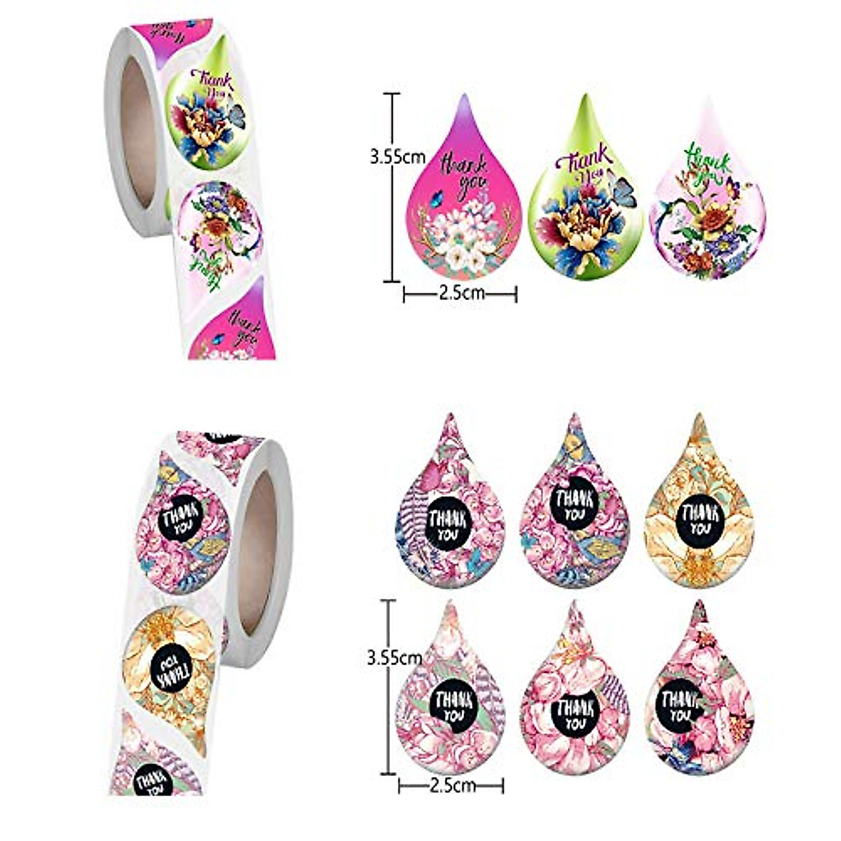 1 inch Water Drop Thank You Stickers, 500 Stickers per roll, 9 Designs in Total, 1000 Multi-Color Thank You Stickers (2 Rolls in Total)