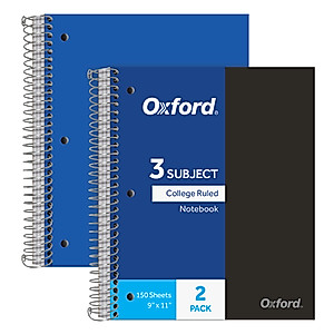 Oxford Spiral Notebooks, 3-Subject, College Ruled Paper, Durable Plastic Cover, 150 Sheets, 3 Divider Pockets, 2 Pack (10386), multi-colored