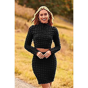 PRETTYGARDEN Women's 2024 Fall 2 Piece Outfits Mock Neck Crop Tops and Bodycon Mini Skirt Dress Sets (Black,Large)