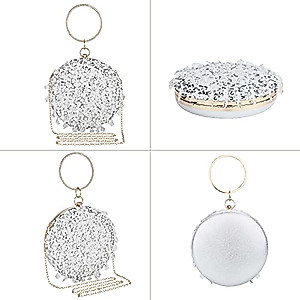 Tanpell Womens Evening Bag Round Beaded Clutch Handbag Sequins Bridal Wedding Purse for Cocktail Party (Silver)