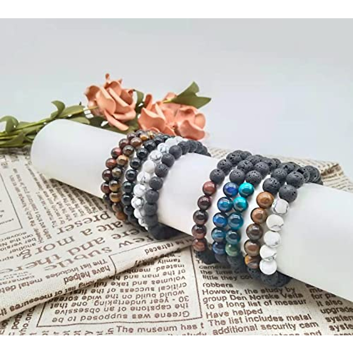 WAINIS 10 Pcs 8mm Gemstones Beaded Bracelets for Men Women Lava Stone Essential Oil Diffuser Healing Stretch Round Bead Crystal semi-precious Bracelets Unisex