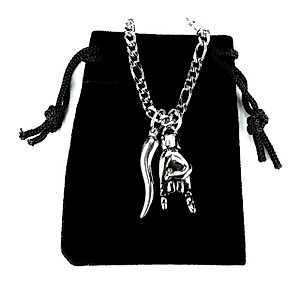 Mano Cornuto and Cornicello combo Necklace, on 24" Figaro Chain, Portafortuna Italian Lucky Hand Horn Anti Evil Good Luck Protection Amulet Charms, Pure 304 Stainless Steel Waterproof, Hypo-Allergenic