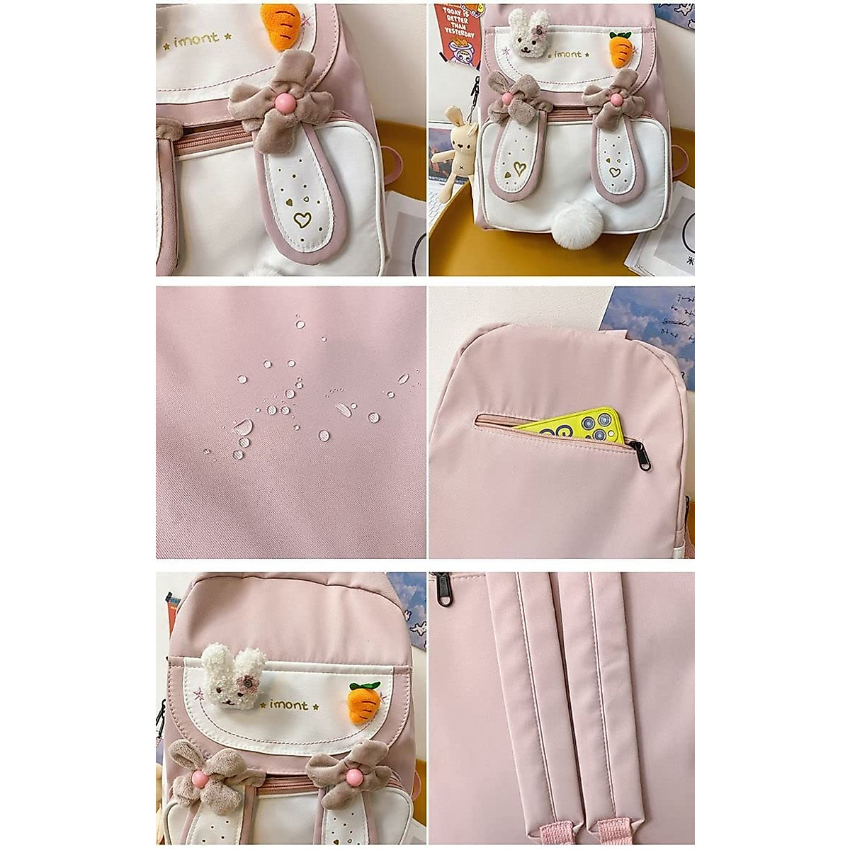 YUESUO Kawaii Large Backpack with Cute Bunny Ear Backpack Pendant Pins for Teen Girl Student School Bag Bookbag Satchel Laptop (Pink,Large)