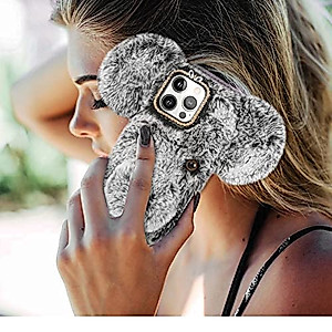 Losin for iPhone 14 Pro Case Cute Cartoon Dog Plush Fluffy Case Girls 3D Kawaii Design Soft TPU Shockproof Protective Cover Fuzzy Furry Winter Rabbit Hair Warm Fur Case for Women Girls Girly Gray