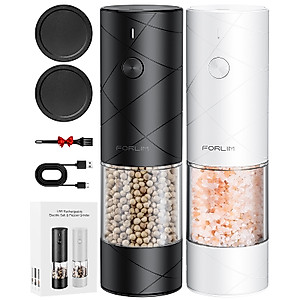 FORLIM Electric Salt and Pepper Grinder Set, USB Rechargeable, Automatic Salt Pepper Mill Grinder with Dust Cover, One-Button Control, Adjustable Coarseness, Warm LED Light (2 Packs, Black&White)