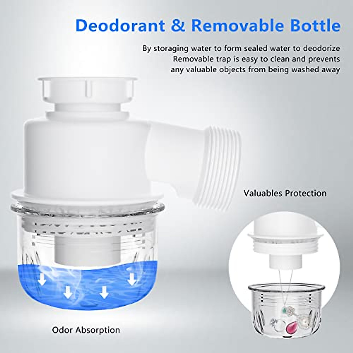 LOONGSHINET 1-1/4 Inch Bathroom Sink Drain Kit Flexible Expandable Anti-siphon Bottle Universal Sink Drain Assembly for Bathroom Tube S Trap, Bathroom Vanity Sink Drain Plumbing P Trap Pipe, White