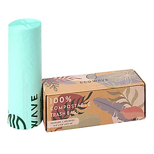 ECO WAVE 100% Compostable Trash Bags, 1.6 Gallons, 100 Bags 0.71 Mil, ASTM D6400, EN 13432, US BPI and Europe OK Compost Home Certified Biodegradable