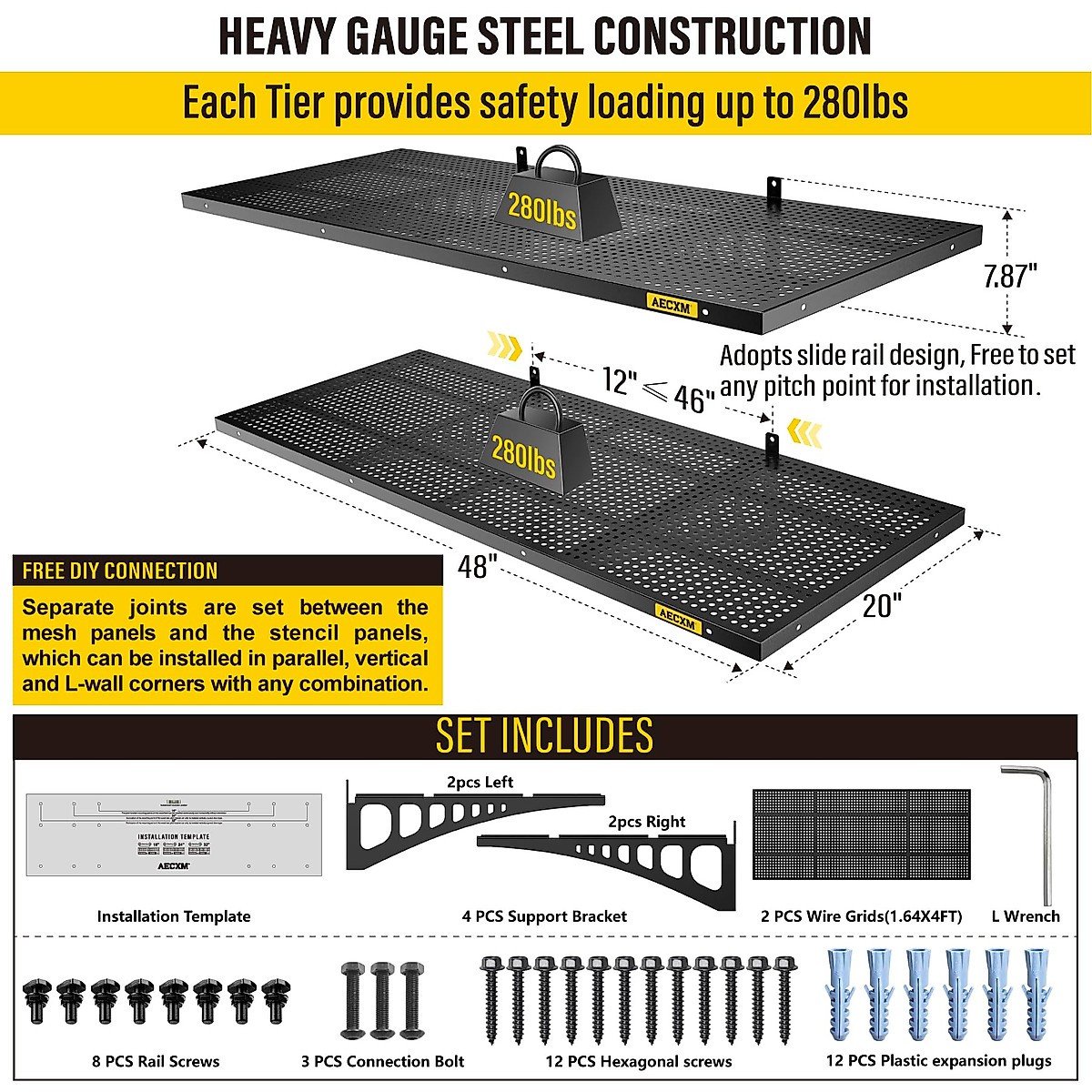 Aecxm 2pack-1.64x4ft Garage Storage Rack - Floating Wall Shelves, Heavy Duty, Sturdy, Wall Mounted (Black)