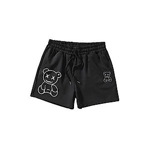 SOLY HUX Men's Cartoon Print Drawstring High Waisted Sweat Shorts Casual Summer Track Shorts with Pocket Black L