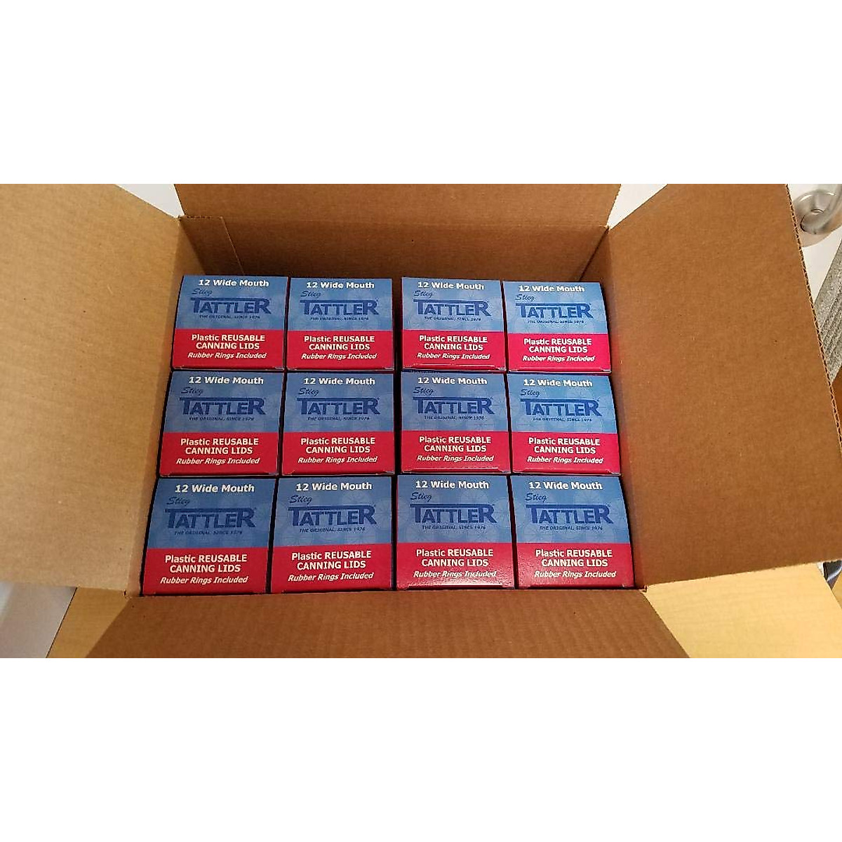 Authentic Tattler E-Z Seal Reusable Canning Lids Wide Mouth 12 Dozen (144 Lids & Rings) Plastic Lid/Rubber Ring - MADE IN THE USA!