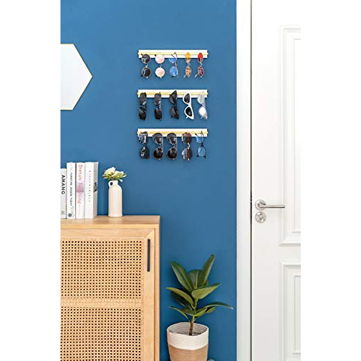 Mkono Wall Mounted Sunglasses Storage Organizer Wood Modern Simple Eyeglasses Display Holder Eyewear Glasses Jewelry Headband Hanging Rack for Entryway Living Room Bedroom, 3 Pack, White