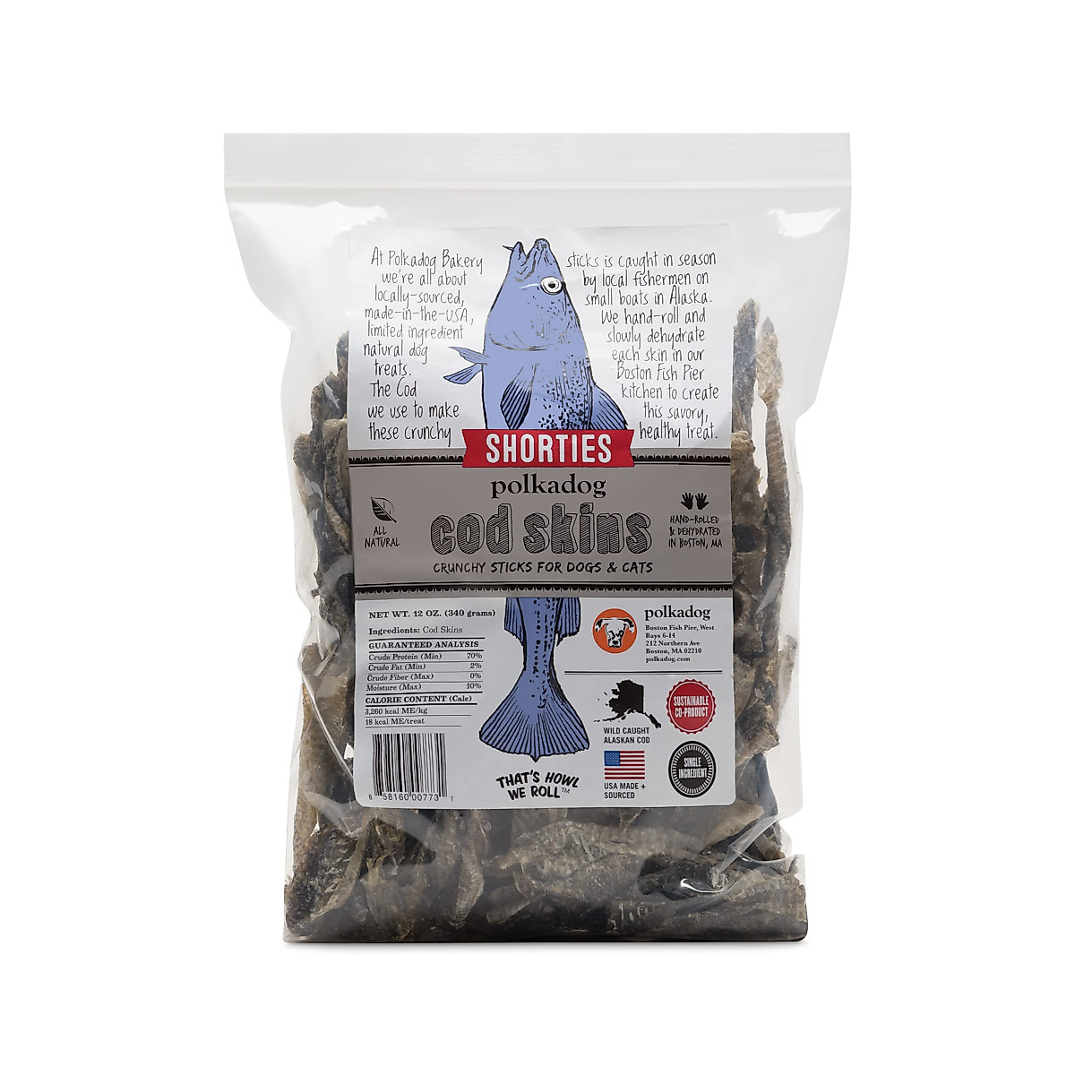 Polkadog Cod Skins Dog Treat - Lean Protein, Made in USA, Single-Ingredient, Grain & Gluten Free, for All Breeds - Crunchy Fish Skin Treat for Teeth Health, 12oz Shorties