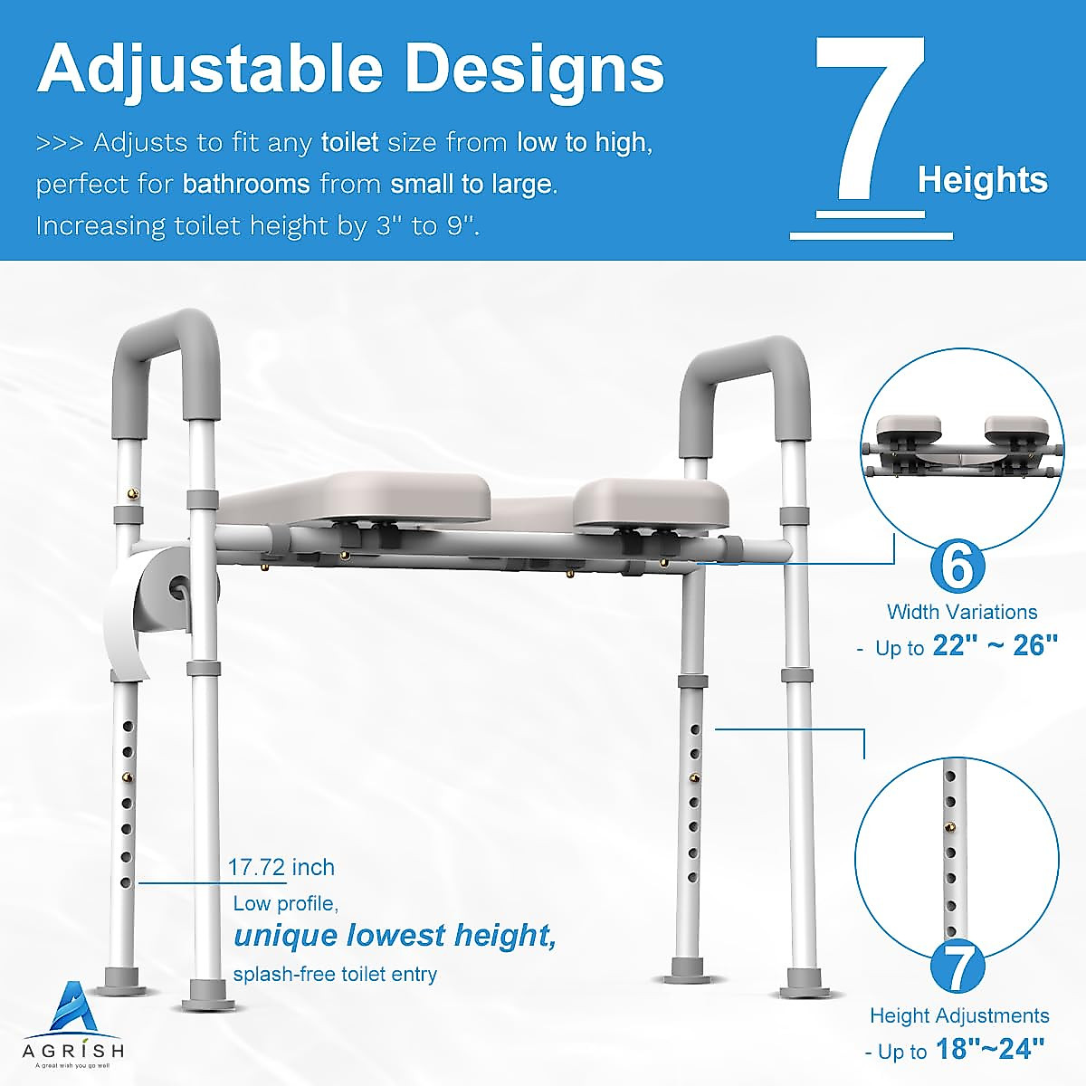 Raised Toilet Seat with Handles, FSA/HSA Eligible Width Adjustable Toilet Seat Risers for Seniors, Heavy Duty Handicap Toilet Seat Riser, Fit Any Toilet