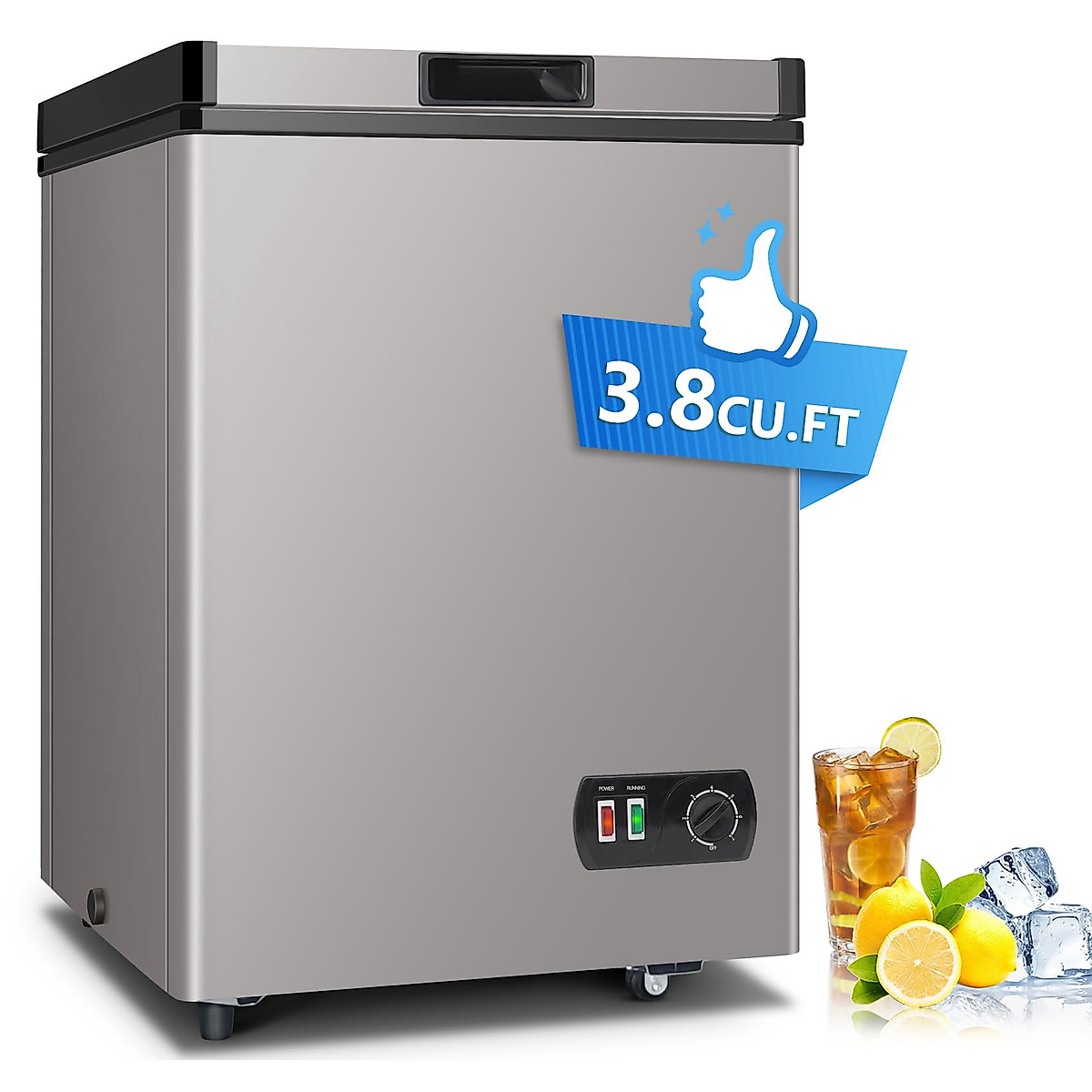 LifePlus Chest Freezer, 3.8 Cu Ft Compact Deep Freezer With Fast Cooling & Convenient Pulley, Perfect for Kitchen Apartment Office, Small Freezer With Low Noise & Energy Saving, Grey