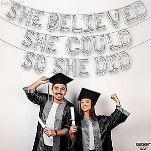 XtraLarge, She Believed She Could So She Did Banner - 16 Inch, Silver Graduation Banner | Graduation Party Decorations 2023 | Metallic Silver Congrats Grad Banner for Graduation Party Supplies 2023